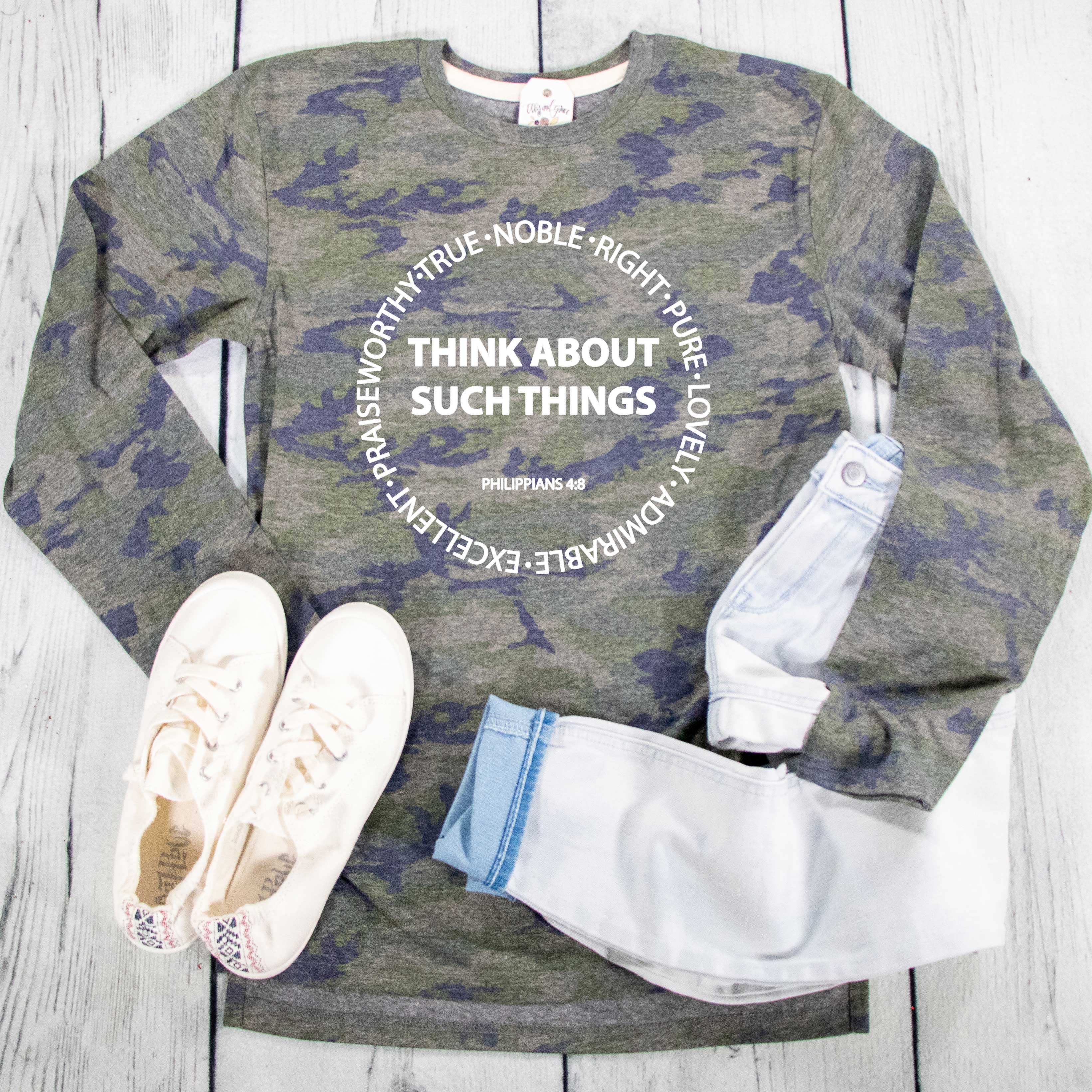 Think About Such Things Camo Christian Crew Longsleeve Shirt